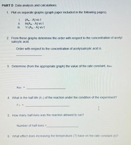 PART D Data analysis and calculations 1. Plot on | Chegg.com