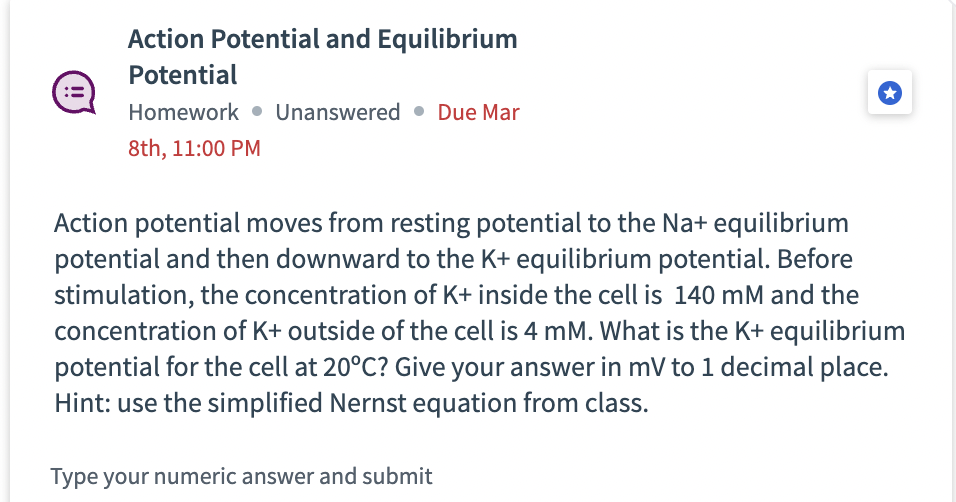 Solved Action Potential and Equilibrium๔PotentialHomework * | Chegg.com