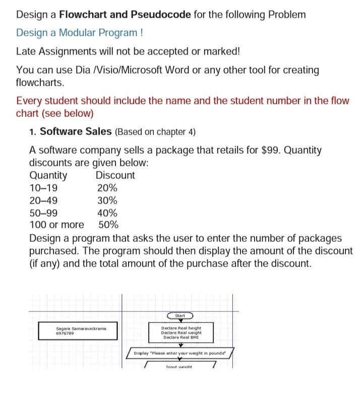 Design a Flowchart and Pseudocode for the following | Chegg.com
