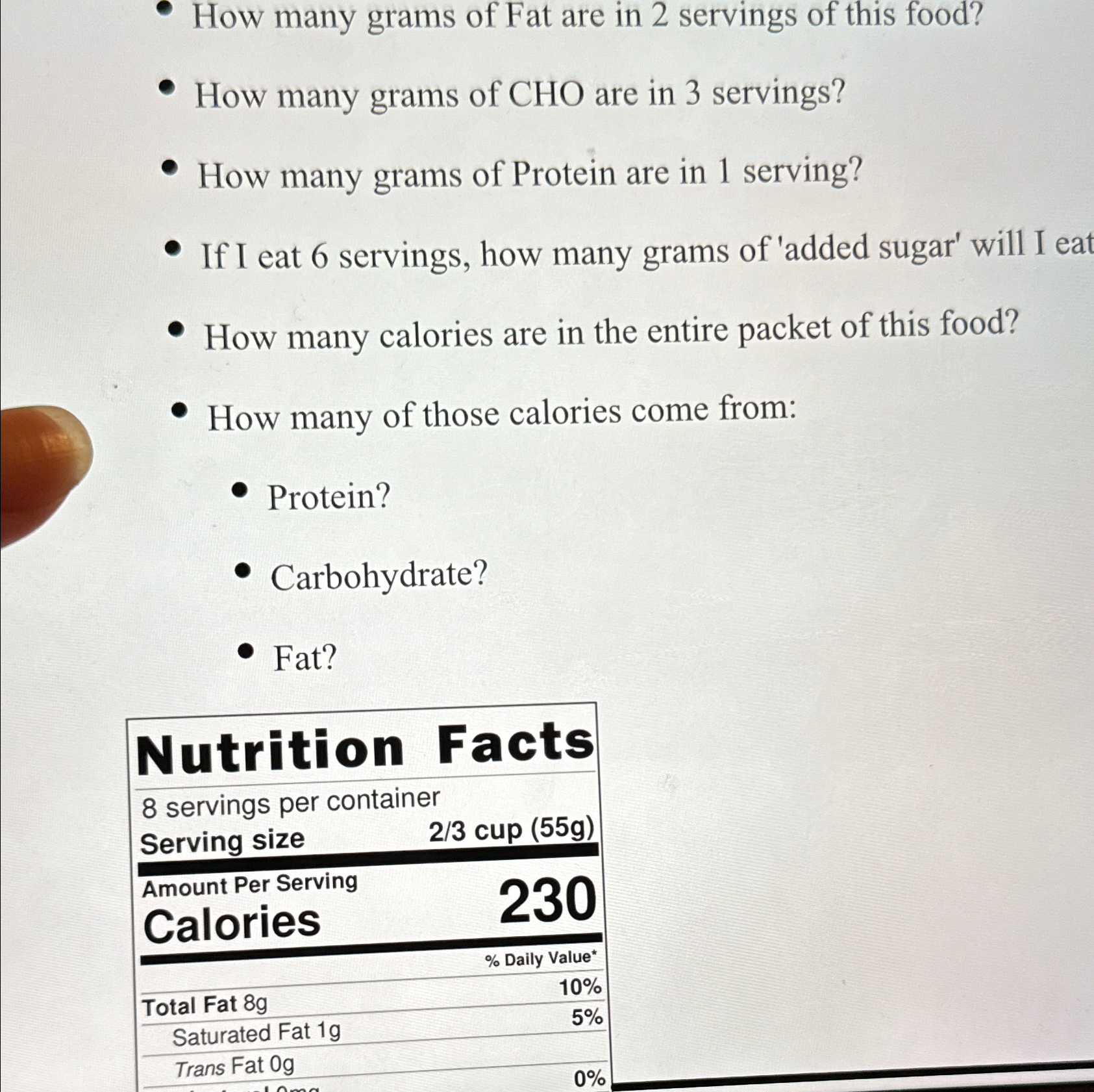 How many grams of Fat are in 2 ﻿servings of this | Chegg.com