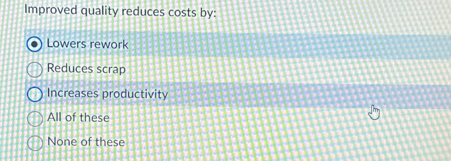 Solved Improved quality reduces costs by:Lowers | Chegg.com