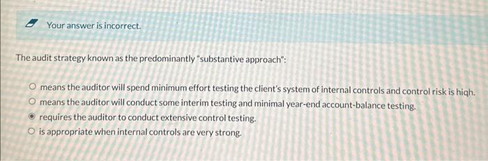 Solved Your answer is incorrect. The audit strategy known as | Chegg.com