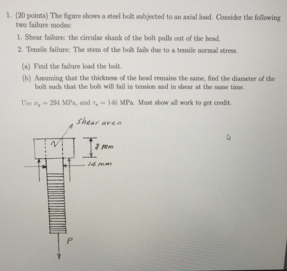 Solved 1. (20 points) The figure shows a steel bolt | Chegg.com
