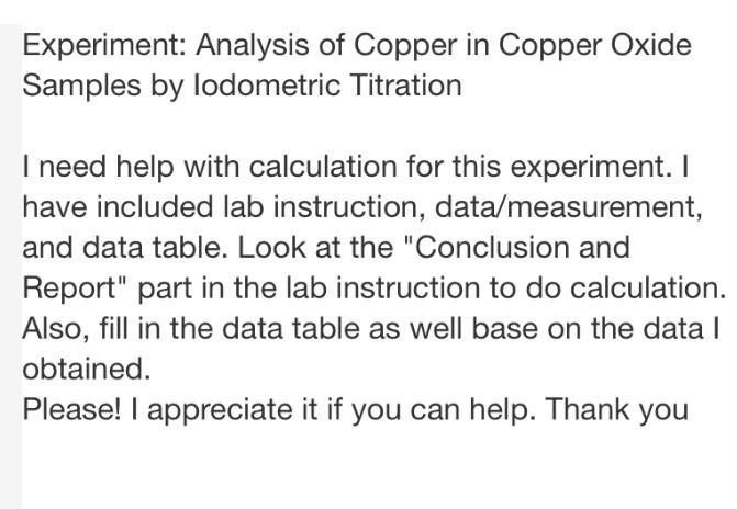 Solved Experiment: Analysis of Copper in Copper Oxide | Chegg.com