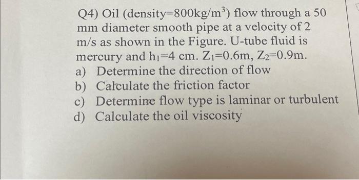 Solved Q4) Oil (density =800 kg/m3 ) flow through a 50 mm | Chegg.com