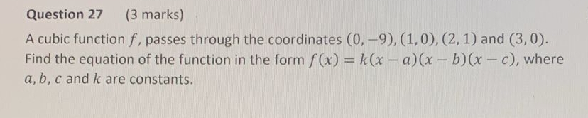 Solved Question 27 (3 ﻿marks)A cubic function f, ﻿passes | Chegg.com