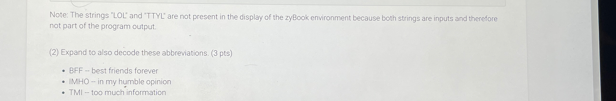 Solved Note: The strings "LOL" and "TTYL" ﻿are not present | Chegg.com