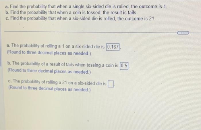 Solved a. Find the probability that when a single six-sided | Chegg.com