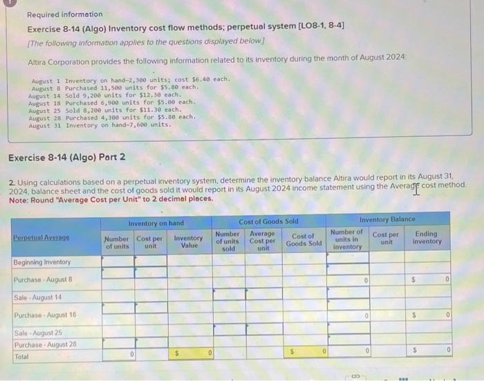 Solved Required informotion Exercise 8-14 (Algo) Inventory | Chegg.com