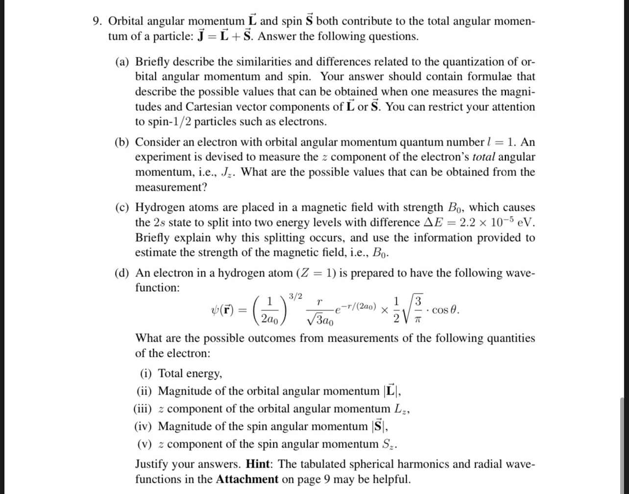 Solved Orbital angular momentum vec(L) ﻿and spin vec(S) | Chegg.com
