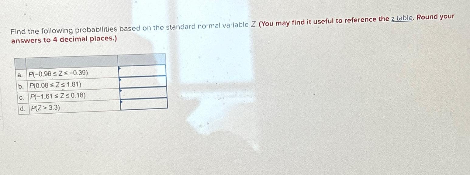 Solved Find the following probabilities based on the | Chegg.com