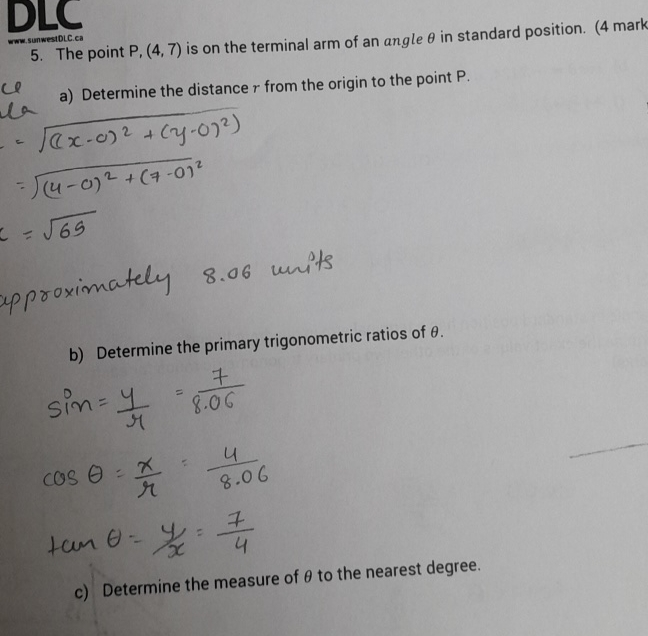 Solved The point P,(4,7) ﻿is on the terminal arm of an angle | Chegg.com