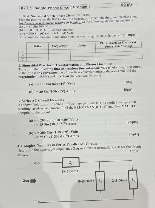 Solved 1. Basic Sinusoidal Single-Phase Circuit Concepts | Chegg.com