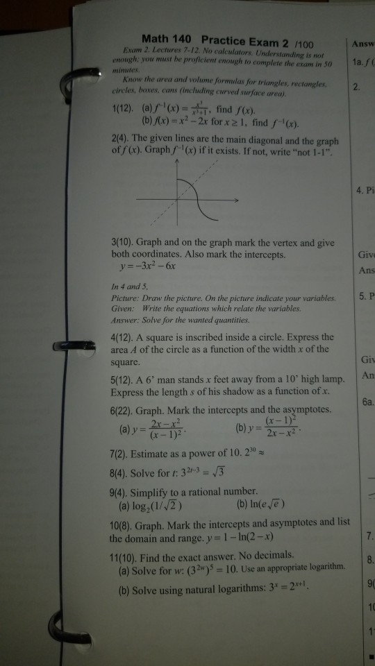 Solved Answ 1a.fi minutes 2. Math 140 Practice Exam 2 7100 | Chegg.com