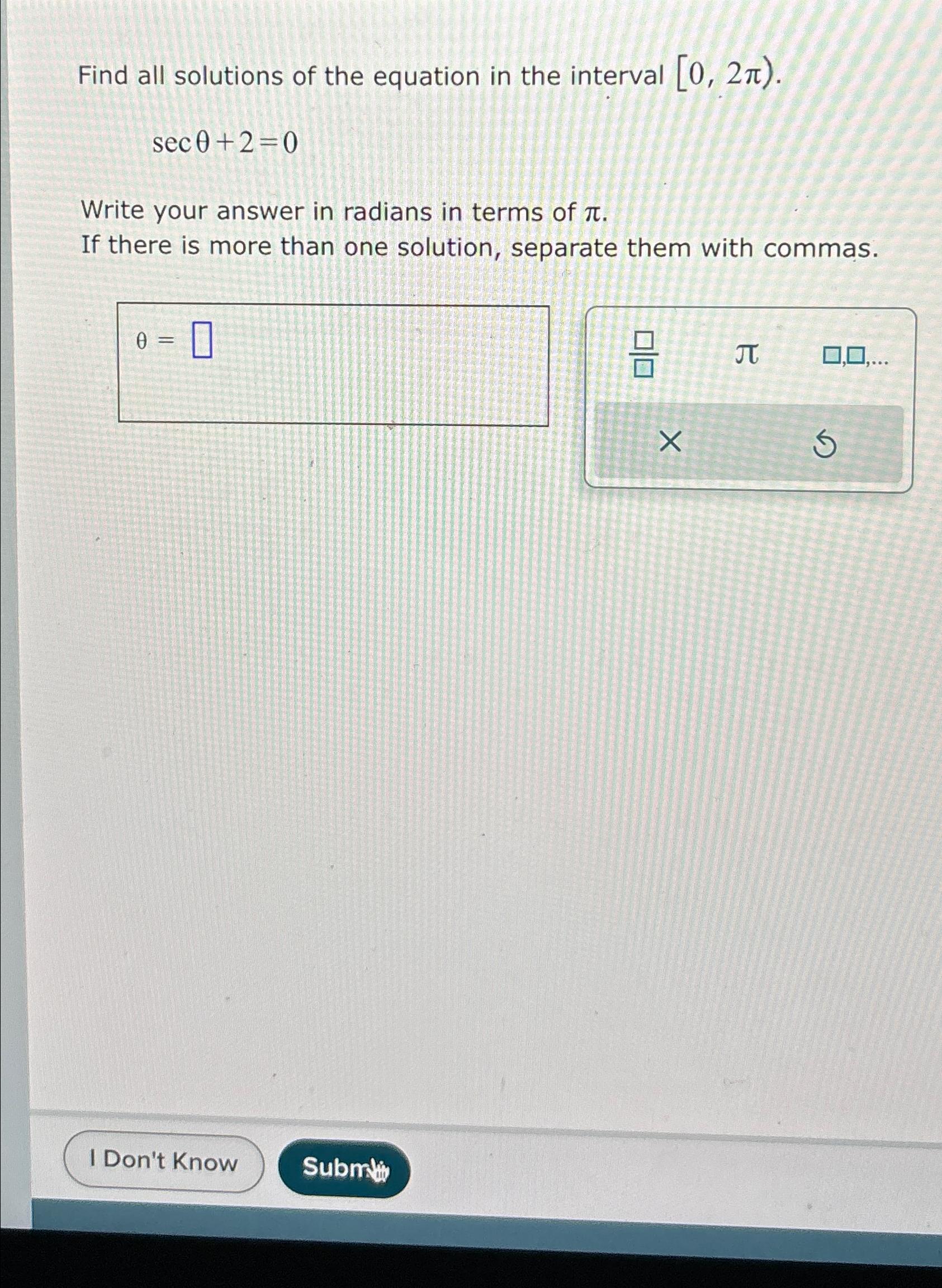 Solved Find all solutions of the equation in the interval | Chegg.com