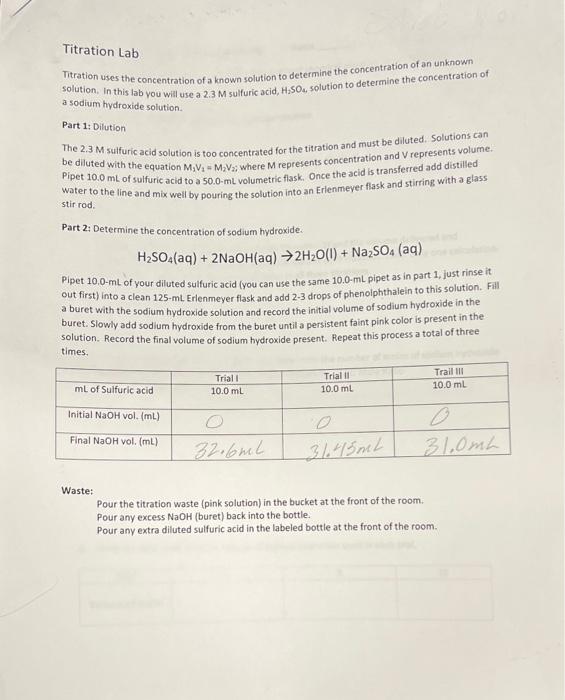 Solved Titration Lab Titration uses the concentration of a | Chegg.com