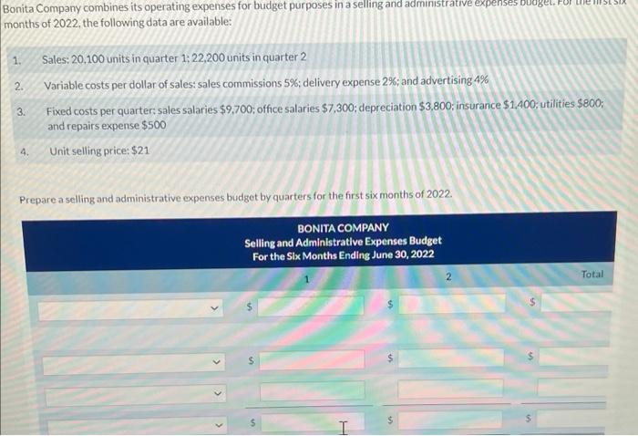 Solved Bonita Company combines its operating expenses for | Chegg.com