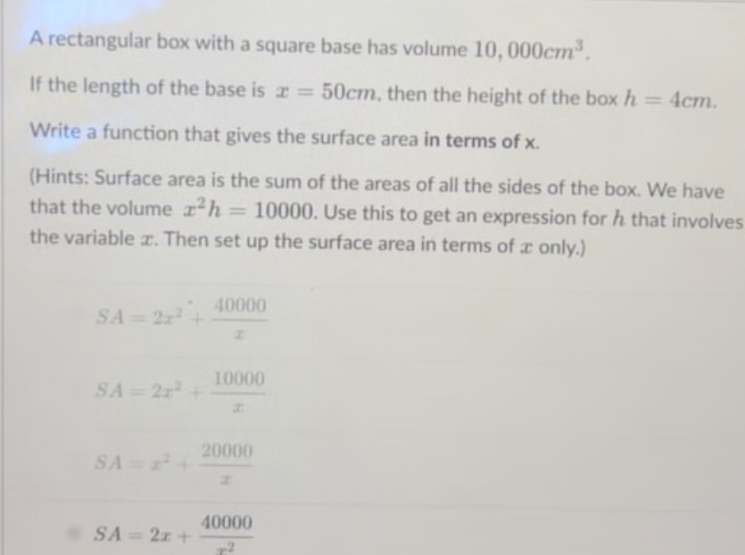 Solved A rectangular box with a square base has volume | Chegg.com