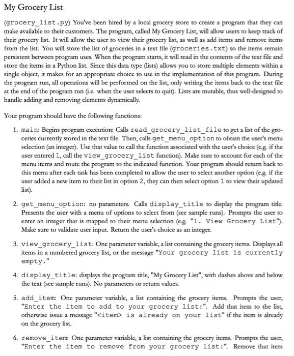 Solved My Grocery List (grocery_list.py) You've been hired | Chegg.com