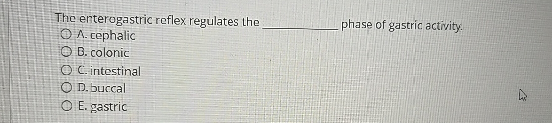 Solved The enterogastric reflex regulates theA. ﻿cephalic | Chegg.com