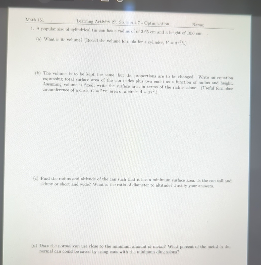 Solved Math 151Learning Activity 27: Section 4.7 - | Chegg.com