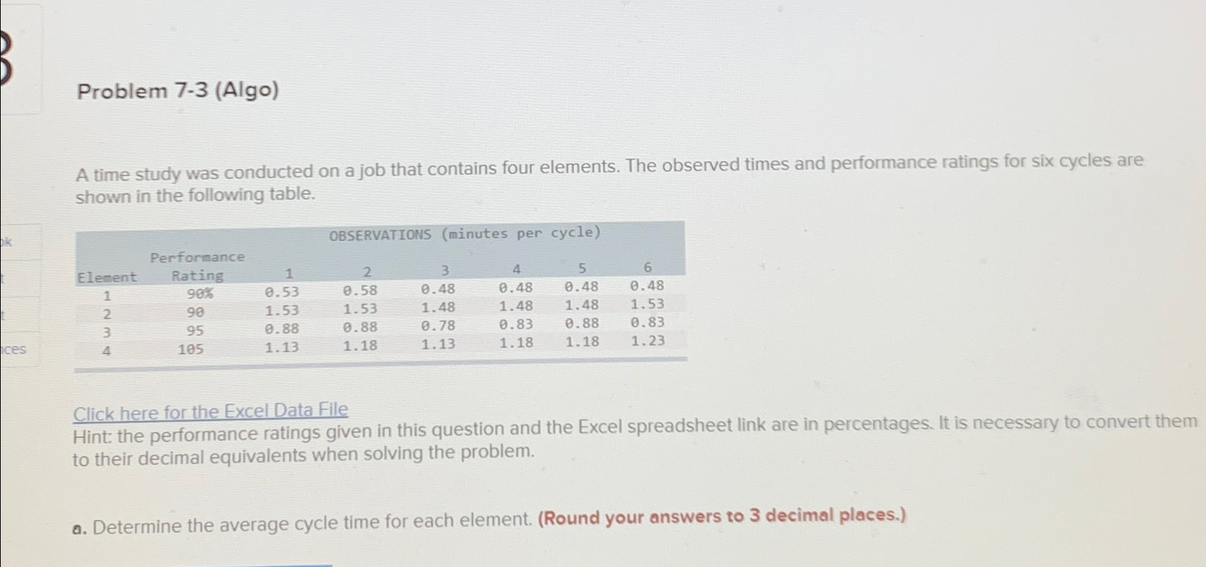 Solved Problem 7-3 (Algo)A time study was conducted on a job | Chegg.com