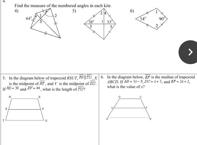 Solved Find the measure of the numbered angles in each kite. | Chegg.com