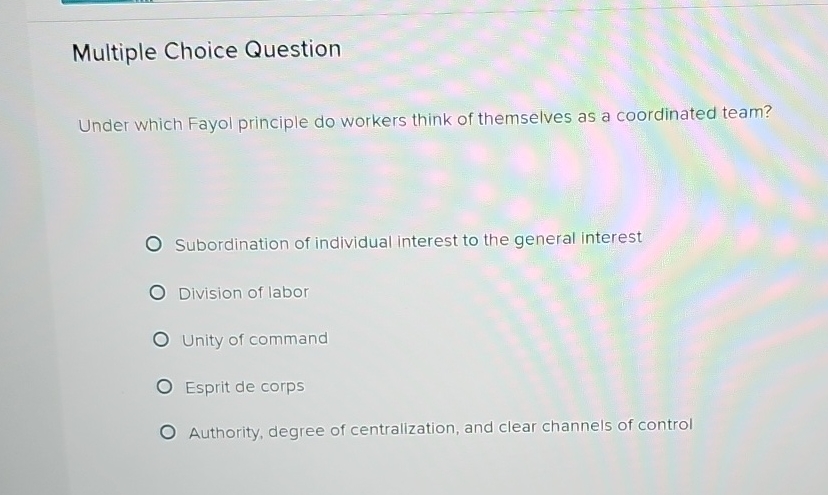 Solved Multiple Choice QuestionUnder which Fayol principle | Chegg.com
