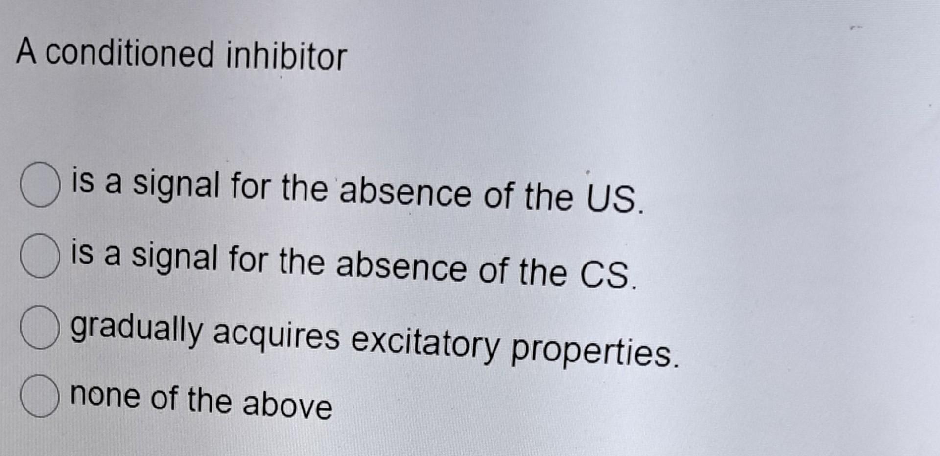 Solved A conditioned inhibitor is a signal for the absence | Chegg.com