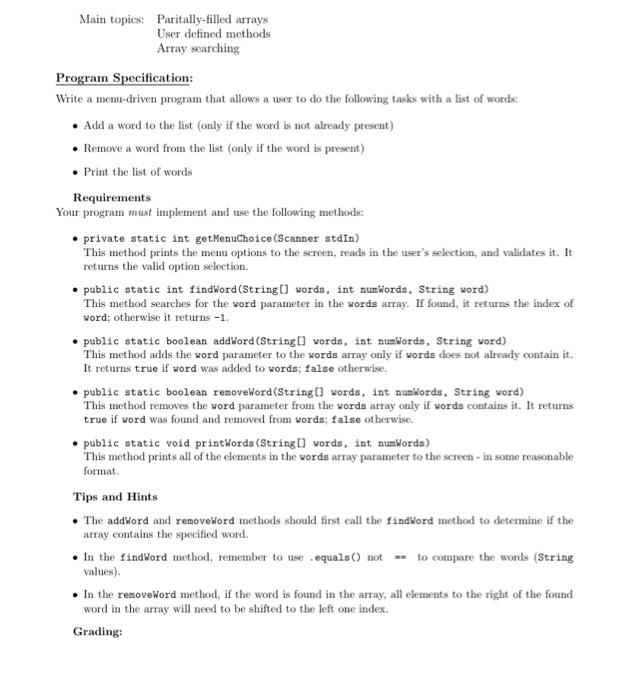 Solved Main topics: Paritally-filled arrays User defined | Chegg.com