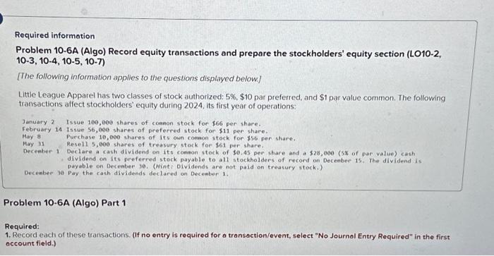 Solved Required information Problem 10-6A (Algo) Record | Chegg.com