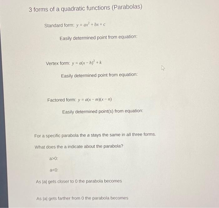 Solved 3 forms of a quadratic functions (Parabolas) Standard | Chegg.com