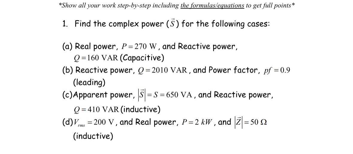 Find the complex power (vec(S)) ﻿for the following | Chegg.com