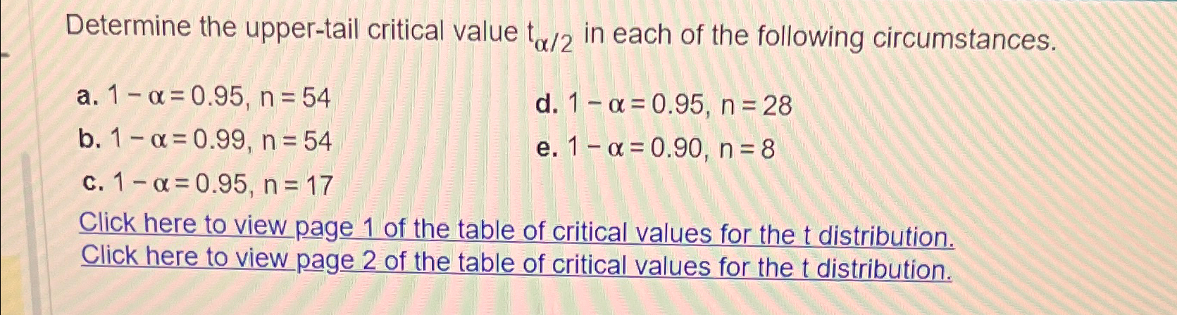 Solved Determine the upper-tail critical value tα2 ﻿in each | Chegg.com