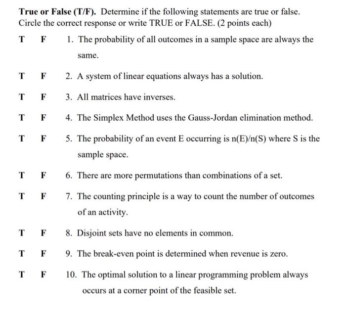 Solved True or False (T/F). Determine if the following | Chegg.com