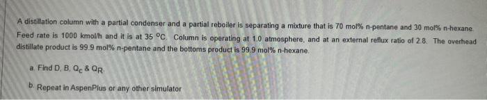 Solved A distillation column with a partial condenser and a | Chegg.com