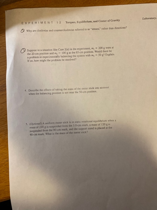 Solved Laboratory EXPERIMENT 12 Torques, Equilibrium, and | Chegg.com