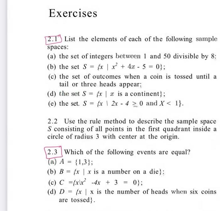 Solved 2.1 List the elements of each of the following sample | Chegg.com