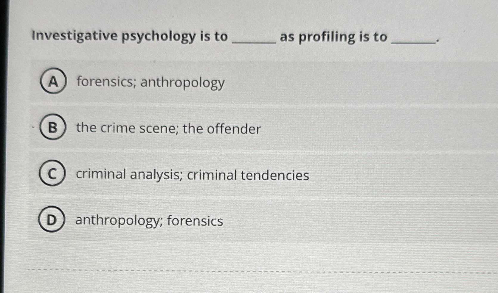 Solved Investigative psychology is to ﻿as profiling is | Chegg.com