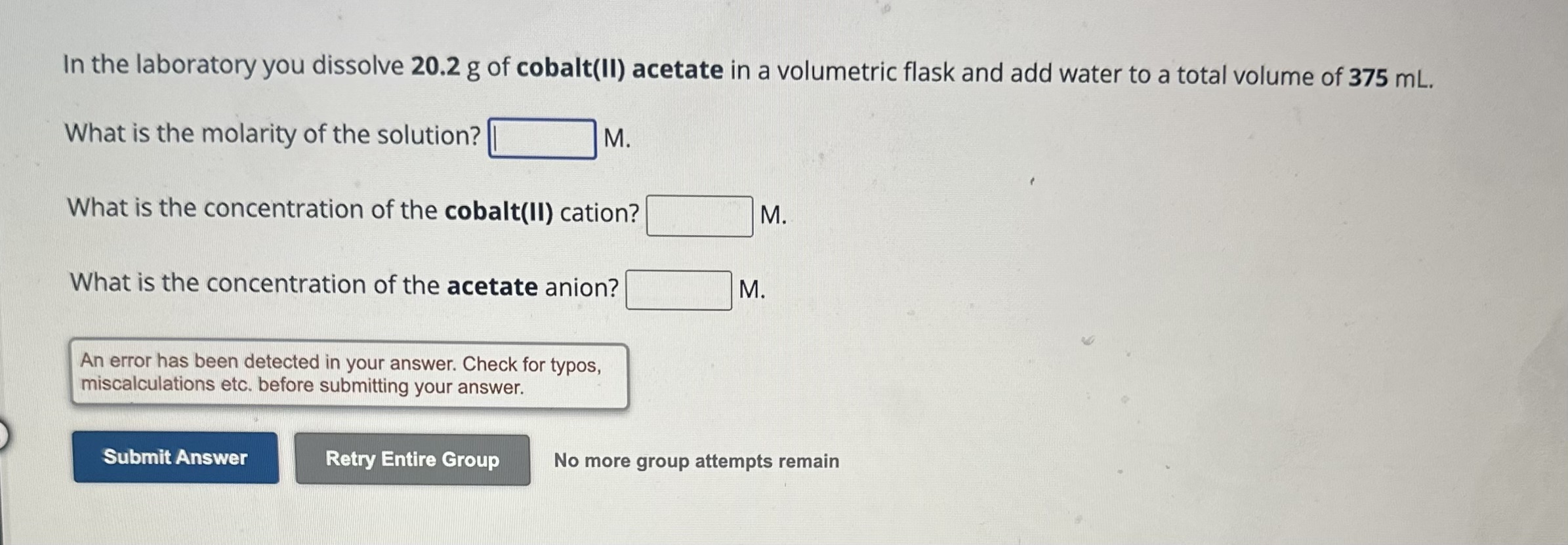 Solved In the laboratory you dissolve 20.2g ﻿of cobalt(II) | Chegg.com