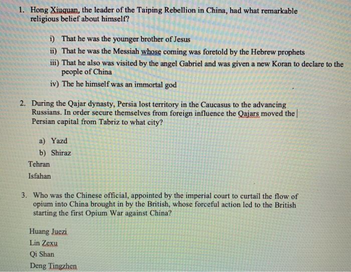 Solved Be 1. Hong Xiuquan, the leader of the Taiping | Chegg.com