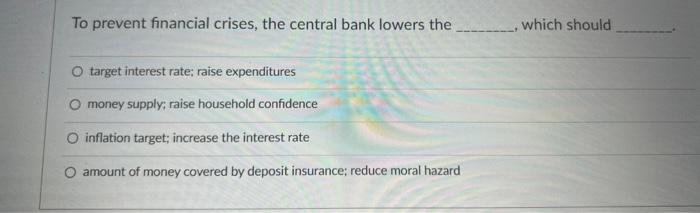 Solved To prevent financial crises, the central bank lowers | Chegg.com