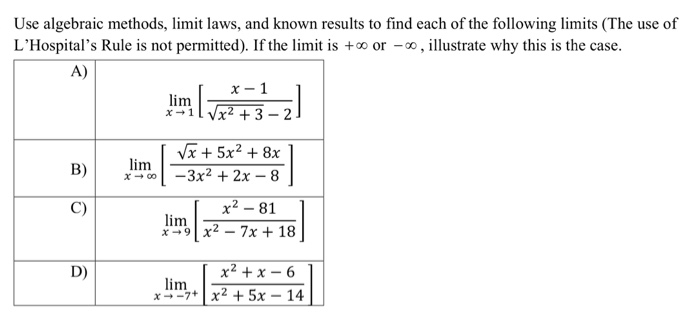 Solved Use algebraic methods, limit laws, and known results | Chegg.com
