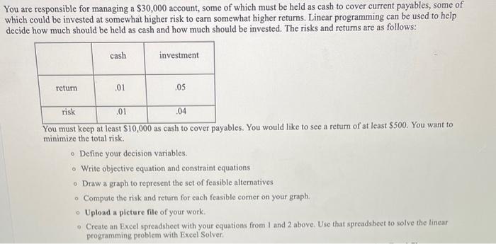 Solved Tou are responsible for managing a $30,000 account, | Chegg.com
