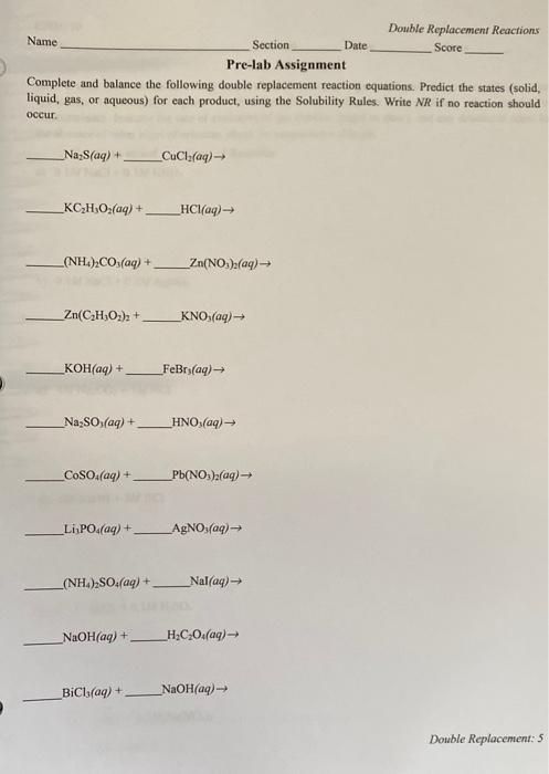 Solved Double Replacement Reactions Name Section Date Score | Chegg.com