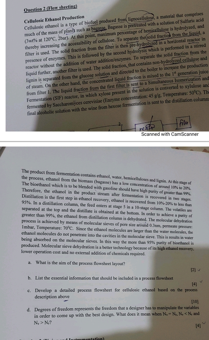 Solved Question 2 (Flow sheeting)Cellulosic Ethanol | Chegg.com