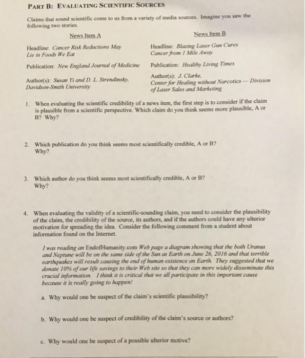 Solved PART B: EVALUATING SCIENTIFIC SOURCES Claims that | Chegg.com