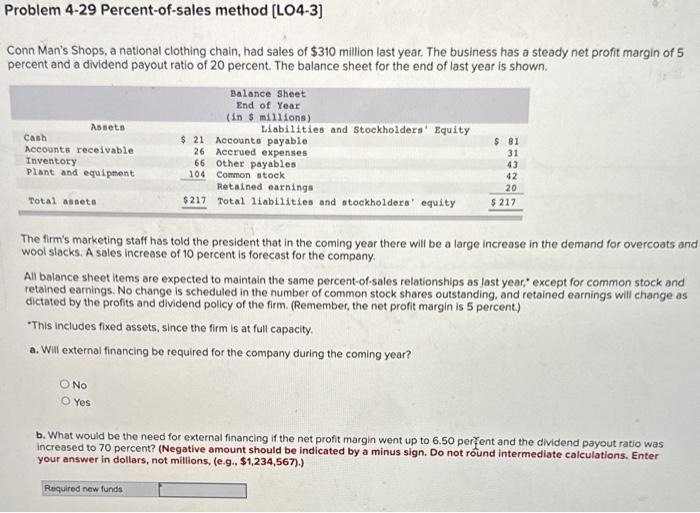 Solved Problem 4-29 Percent-of-sales method [LO4-3] Conn | Chegg.com