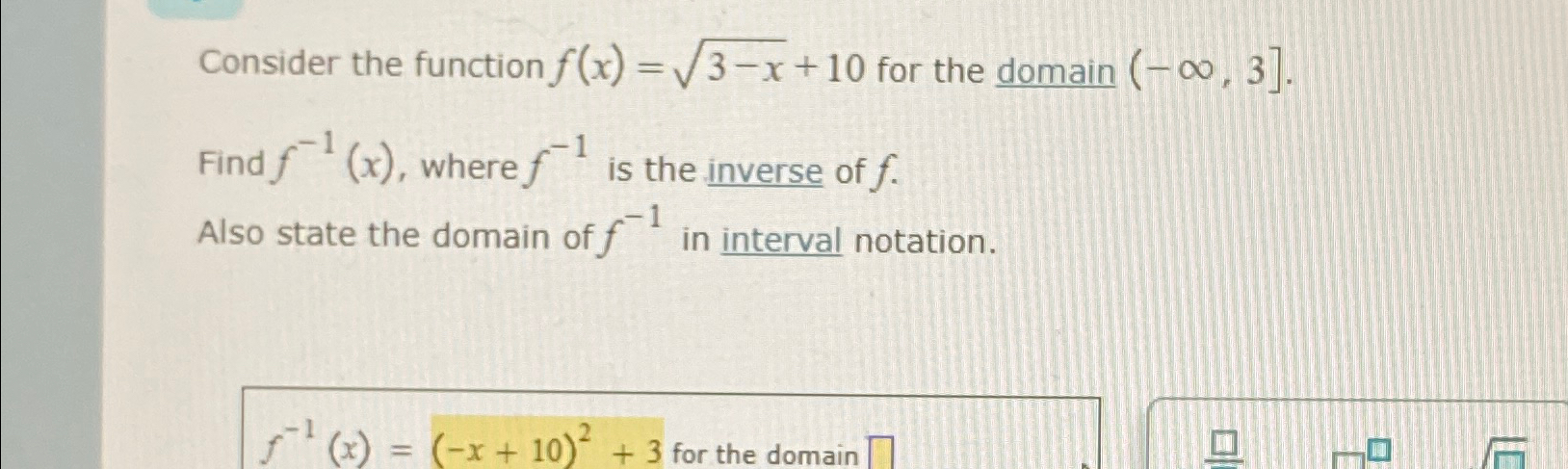Solved Consider the function f(x)=3-x2+10 ﻿for the domain | Chegg.com