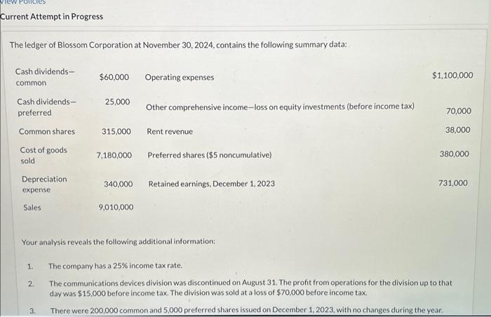 Solved Current Attempt in Progress The ledger of Blossom | Chegg.com